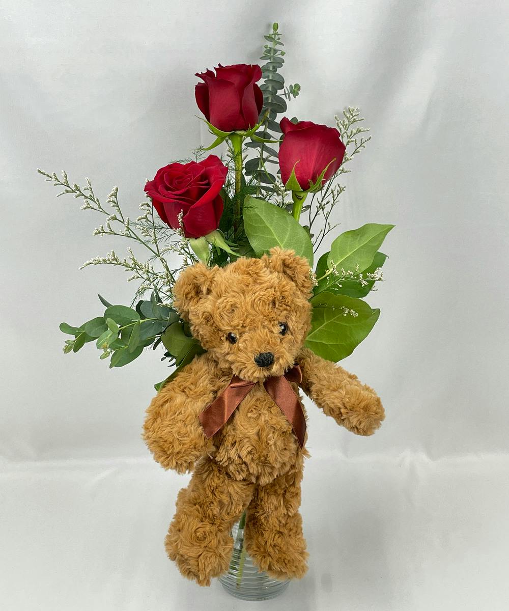 Three Roses in Vase Accented With Bear | NJ Floral Delivery | Bosland's ...
